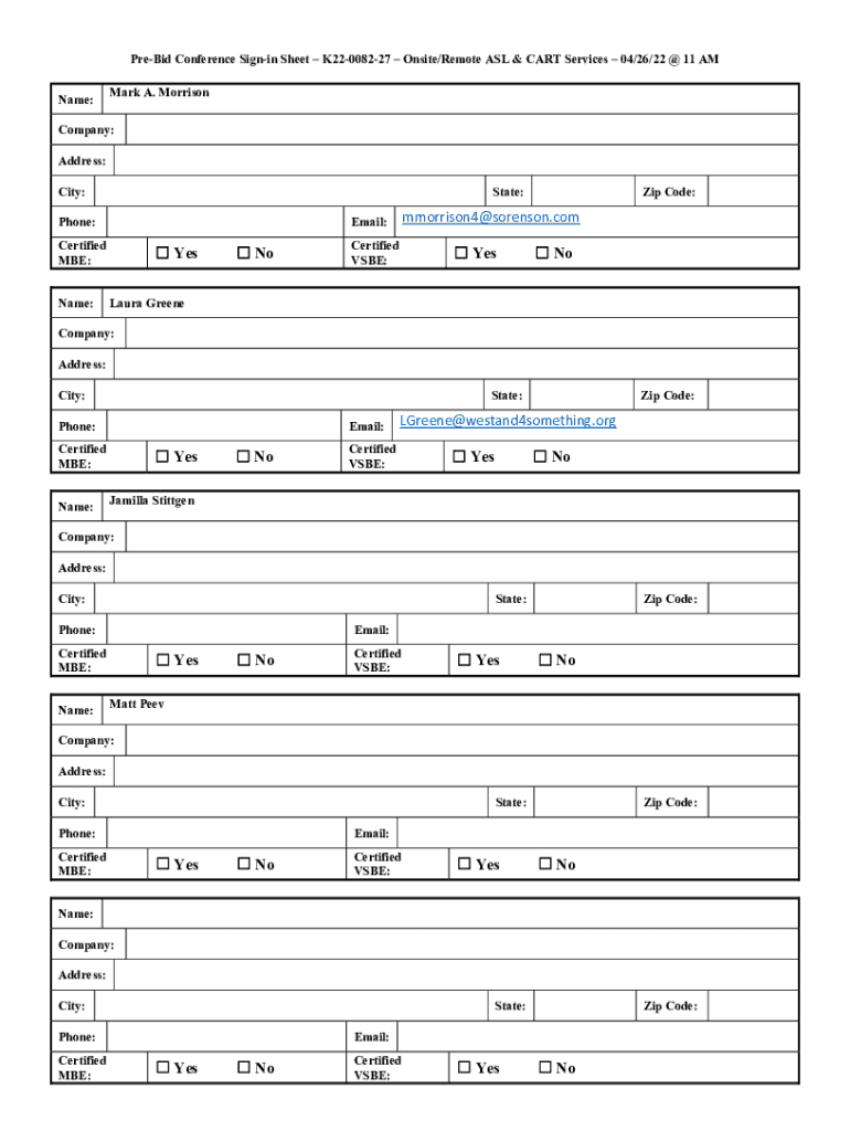 Fillable Online Pre-Bid Conference Sign-In Sheet Fax Email Print ...