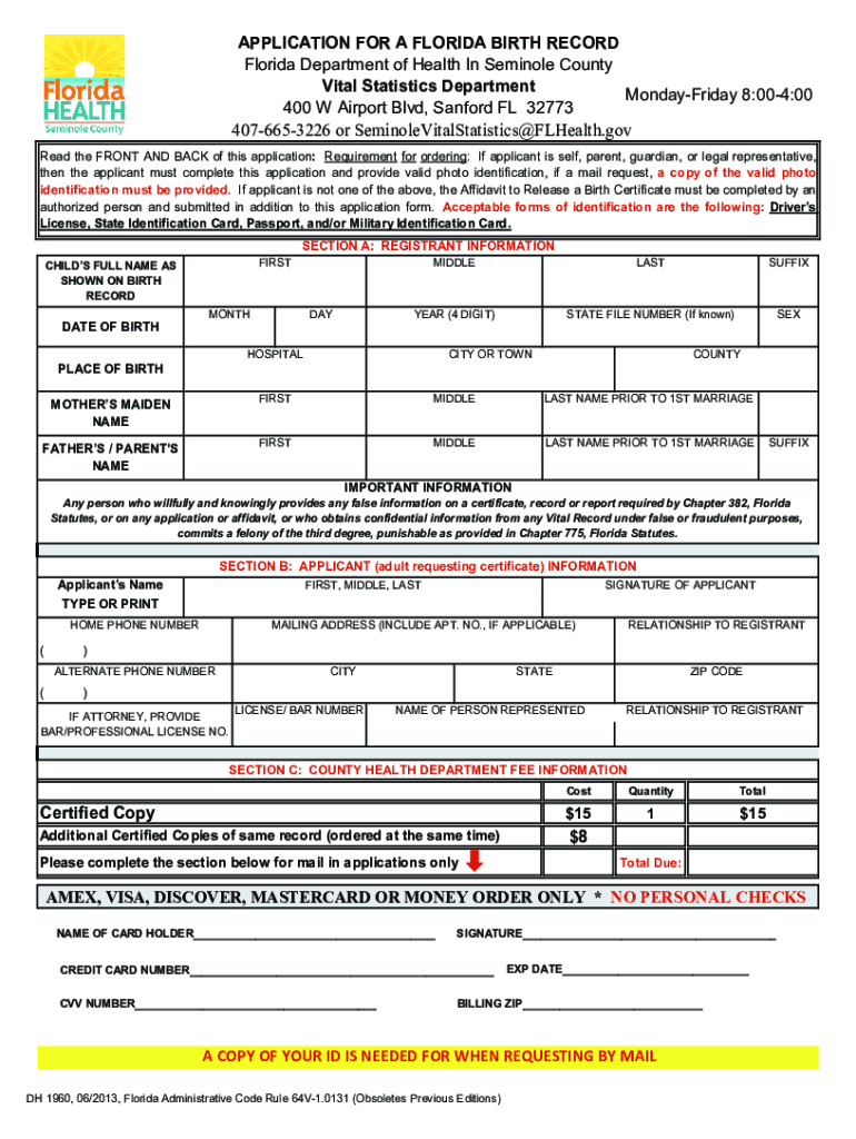 Fillable Online Florida Department of Health Seminole County (FL) Fax ...
