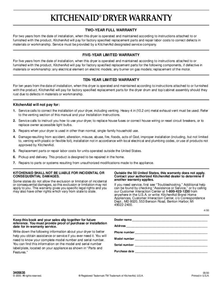 Fillable Online KITCHENAID DRYER WARRANTY Fax Email Print - pdfFiller