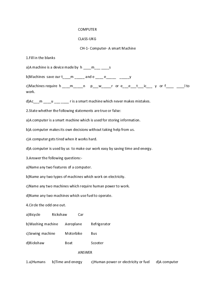 Fillable Online COMPUTER CLASS-UKG CH-1- Computer- A smart Machine 1 ...