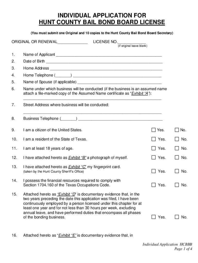 Fillable Online Individual Application for Hunt County Bail Bond Board ...