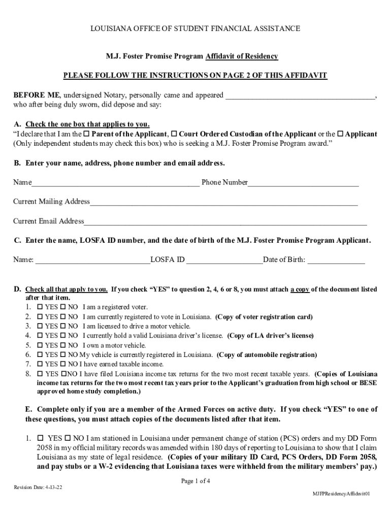 Fillable Online MJ Foster Promise Program Affidavit of Residency Fax ...