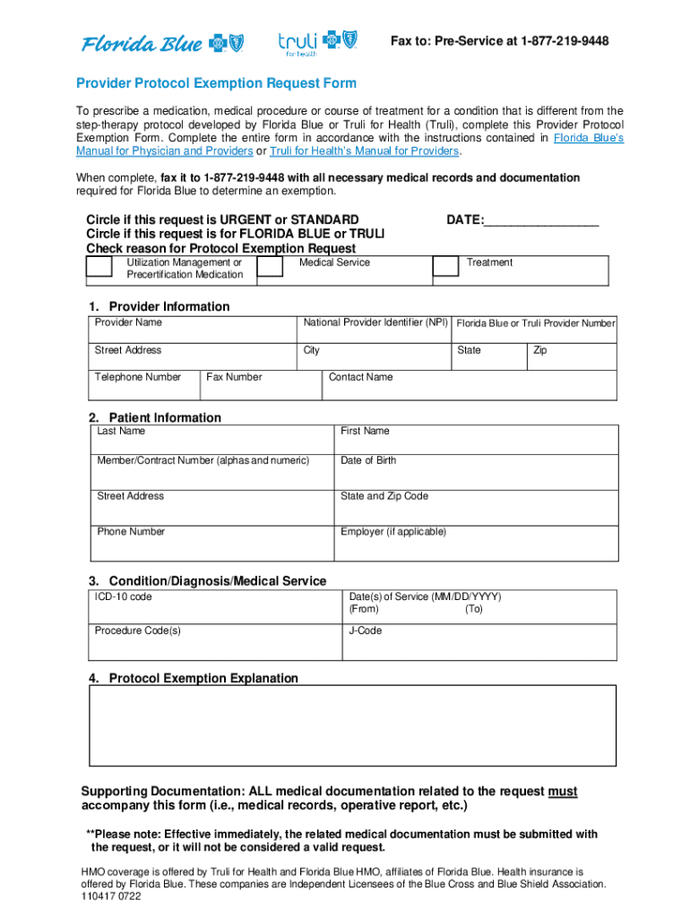 Fillable Online Protocol Exemption FormsFlorida Blue Fax Email Print ...