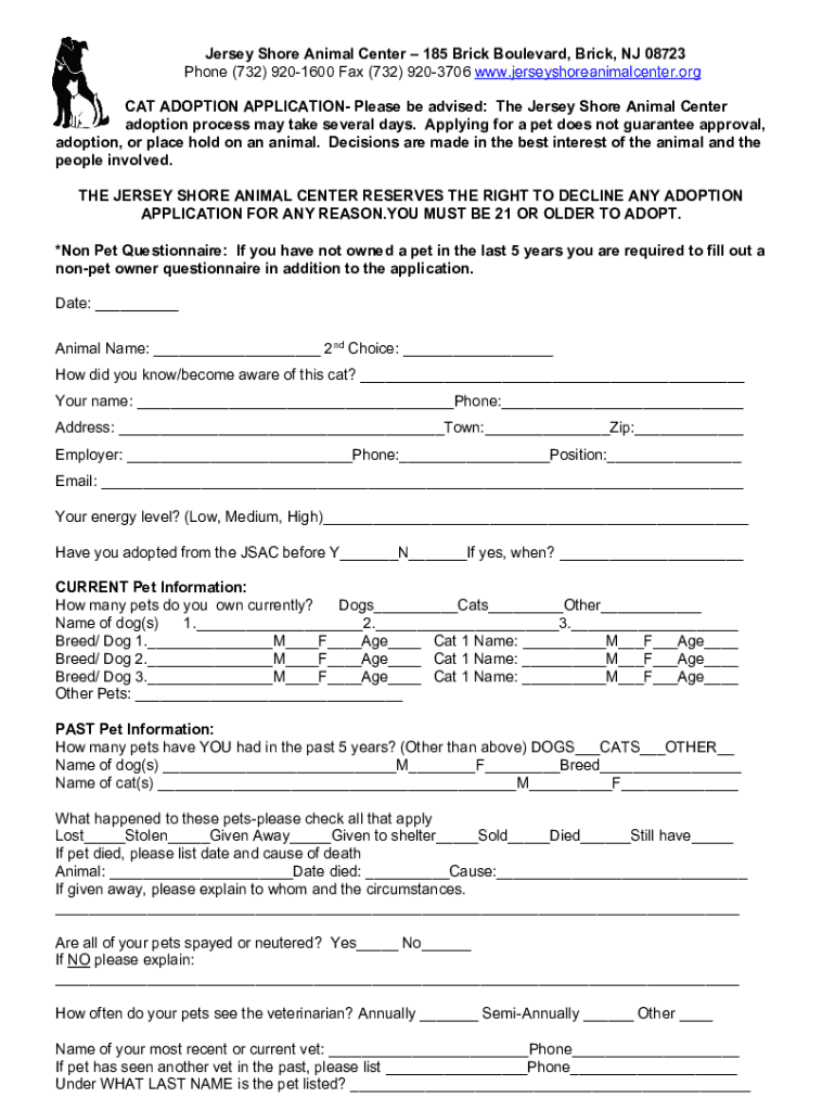 Fillable Online Cat Adoption Application - Jersey Shore Animal Center ...
