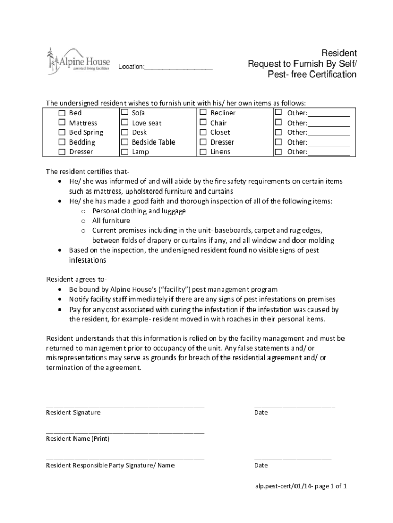 Fillable Online Resident Request to Furnish By Self/ Pest- free ...