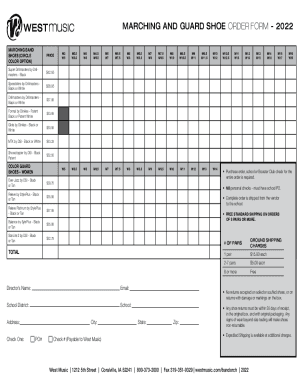 Fillable Online MARCHING AND GUARD SHOE ORDER FORM - 2022 Fax Email ...