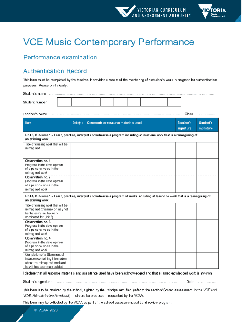 Fillable Online VCE Music Style and Composition Authentication Record ...