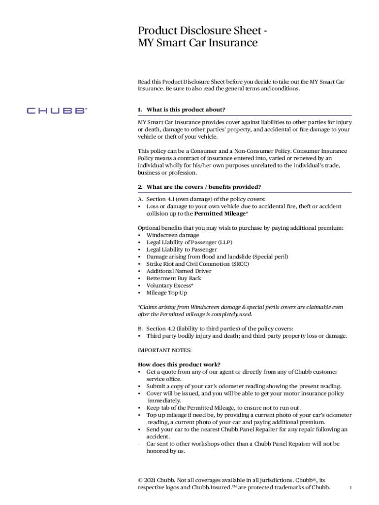 Fillable Online Product Disclosure Sheet - MY Smart Car Insurance Fax ...