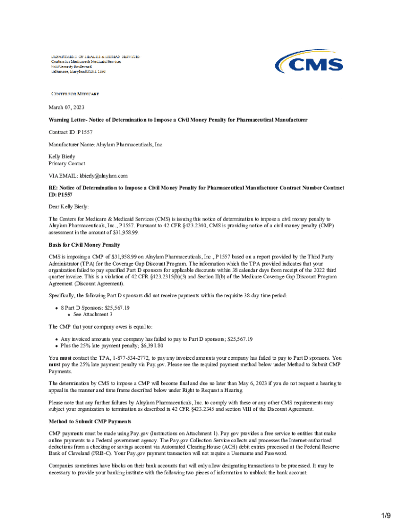 Fillable Online Warning Letter- Notice of Determination to Impose a ...