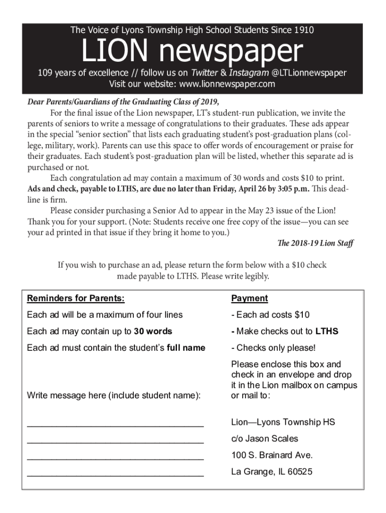 Fillable Online Lion newspaper senior ad. Lion newspaper senior ad Fax ...
