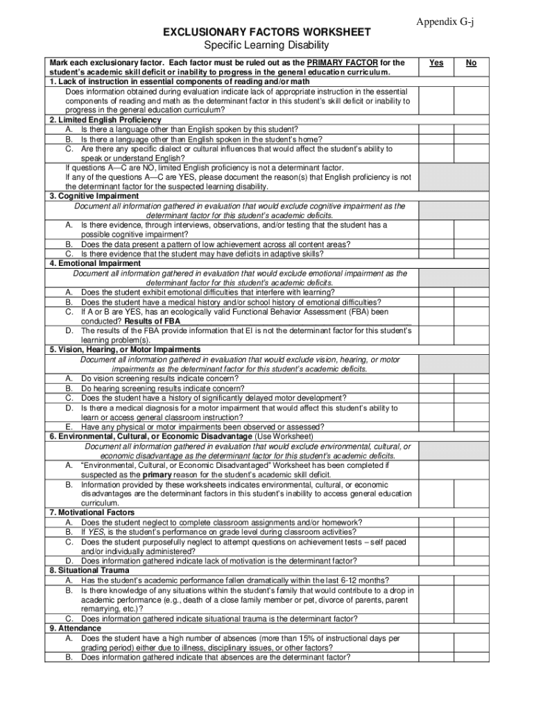 Fillable Online SLD Exclusionary Factors Worksheet Fax Email Print - pdfFiller