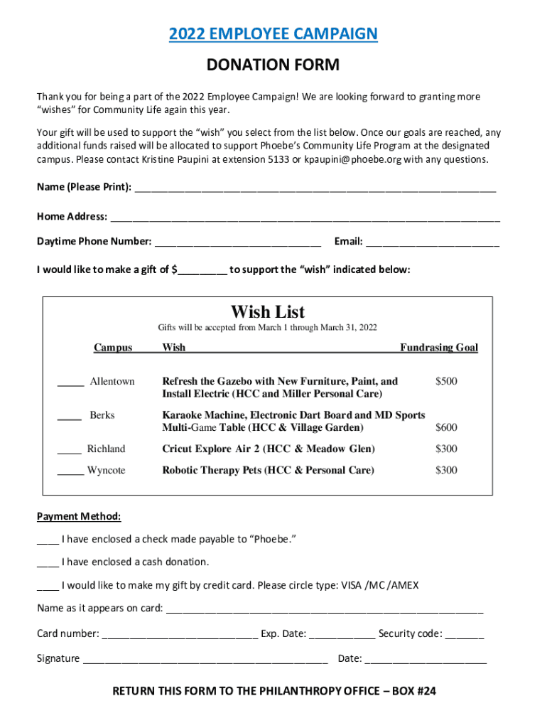 Fillable Online 2022 EMPLOYEE CAMPAIGN DONATION FORM Wish List Fax Email Print - pdfFiller