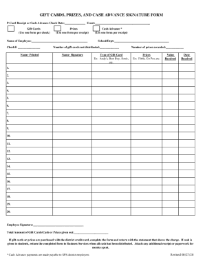 Fillable Online Gift Card/Cash and Prizes Signature Form Fax Email ...