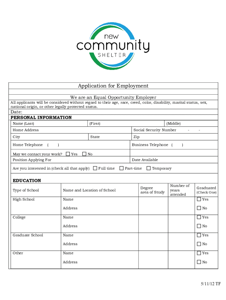 Fillable Online New Community Shelter Application For Employment Fax Email Print - pdfFiller