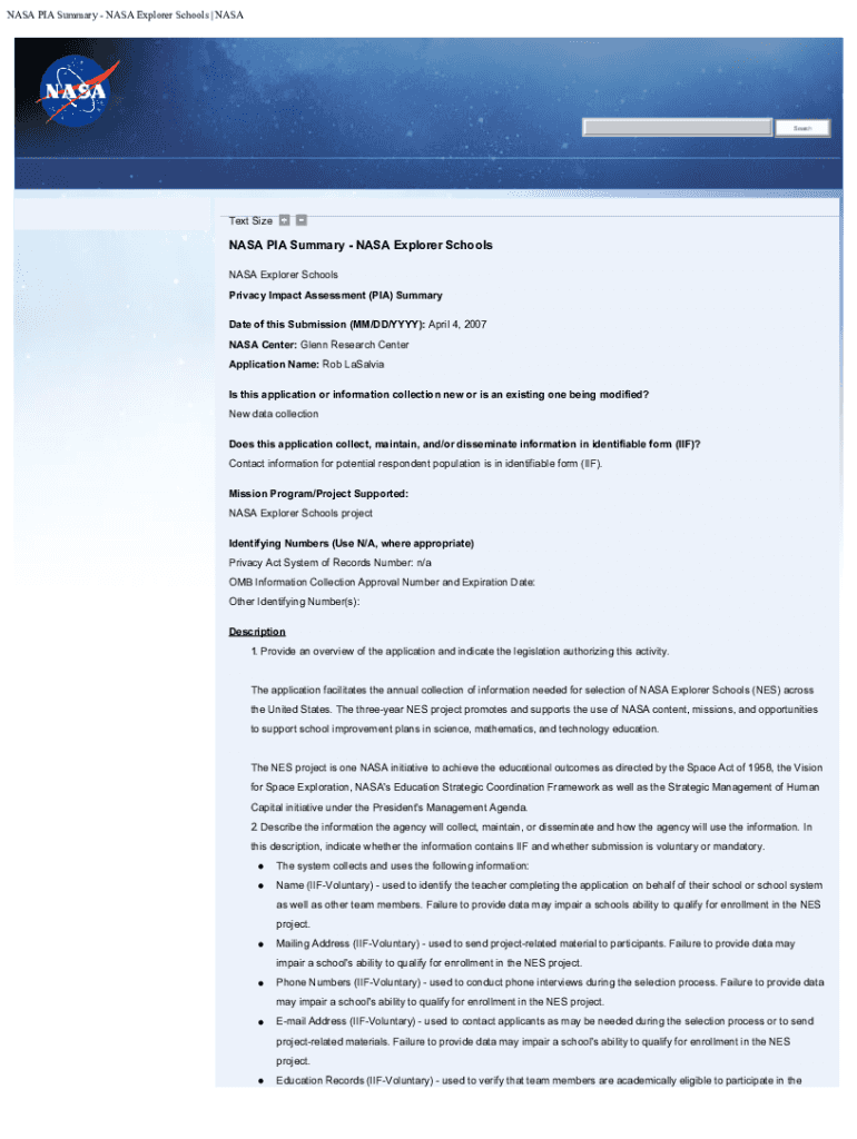 Fillable Online NASA PIA Summary - NASA Explorer Schools Fax Email Print - pdfFiller