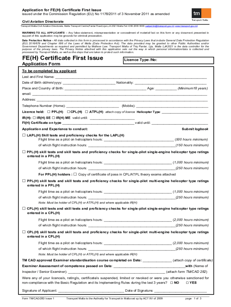 Fillable Online Application for FE(H) Certificate First Issue Fax Email ...