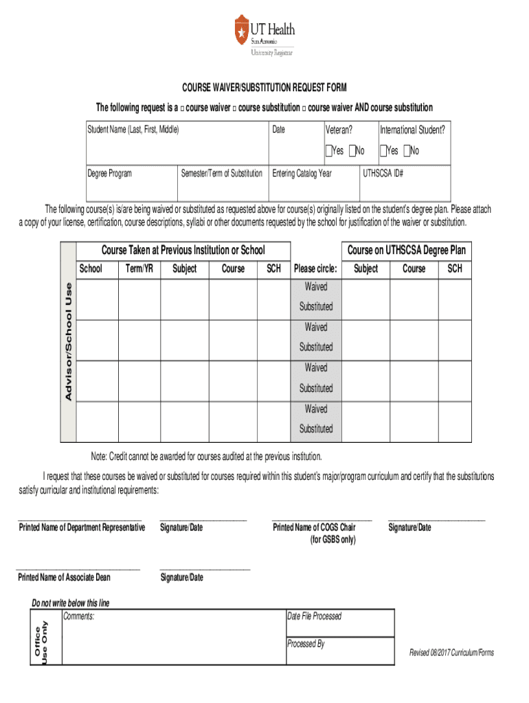 Fillable Online students uthscsa Request for a Course Substitution, Transfer or Waiver Fax Email ...