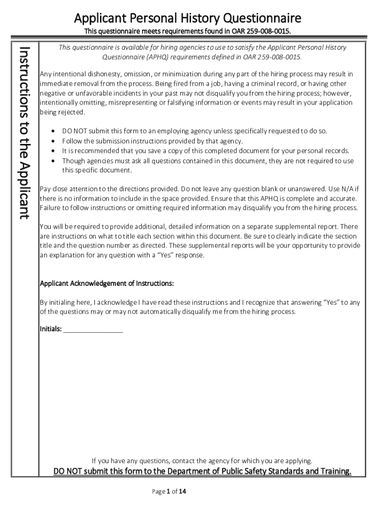 Fillable Online Personal History QuestionnaireChicago Police Department ...