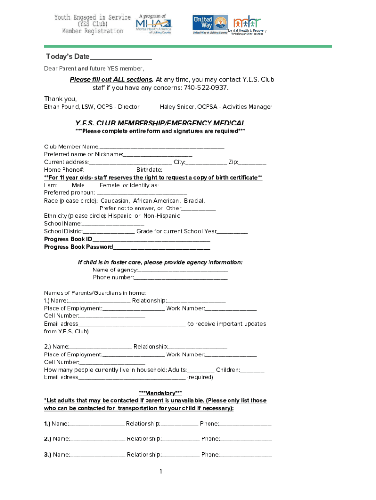 Fillable Online Today's Date Y.E.S. CLUB ... Fax Email Print - pdfFiller