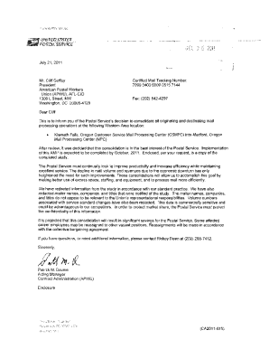 Fillable Online Notice of USPS decision to consolidate all originating ...