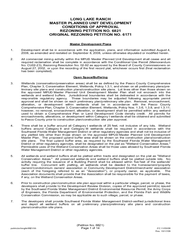 Fillable Online egov pascocountyfl ZN55 Long Lake Ranch MPUD Conditions ...