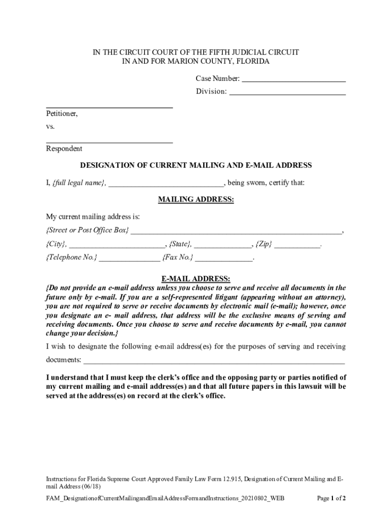 Fillable Online Designation of Current Mailing and Email Address Form ...
