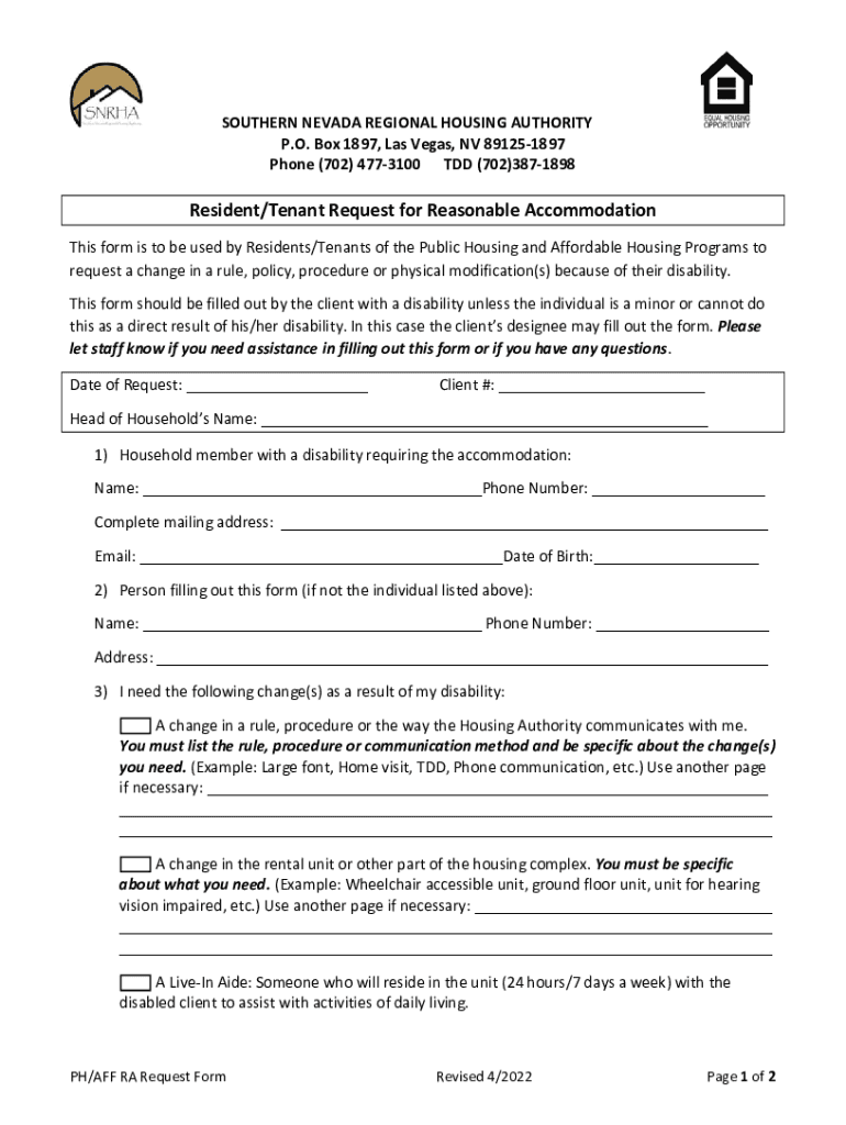 Fillable Online Resident/Tenant Request for Reasonable Accommodation ...
