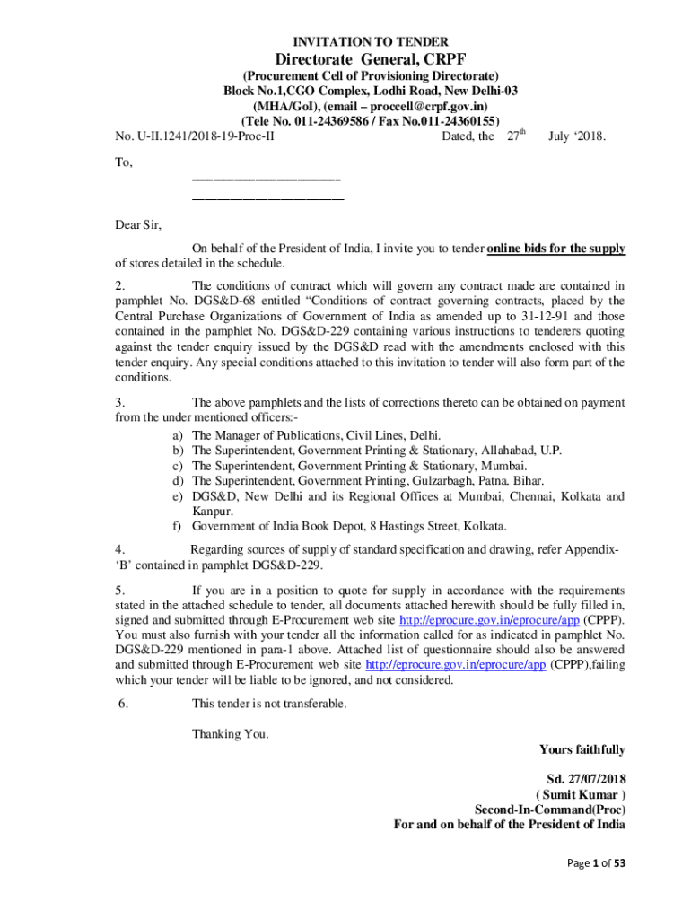 Fillable Online crpf gov OPEN TENDER NOTICE Directorate-General, CRPF ...