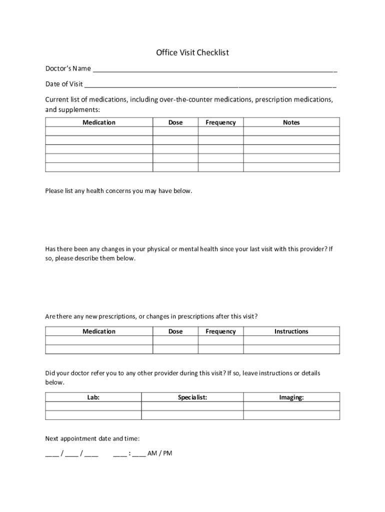 Fillable Online Office Visit Checklist. Tool for Caregiver to use to ...