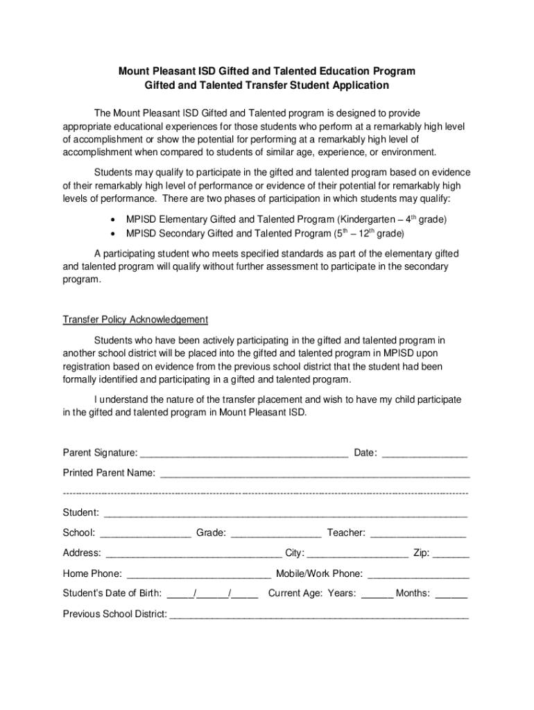 Fillable Online Gifted and Talented Transfer Student Application Fax ...