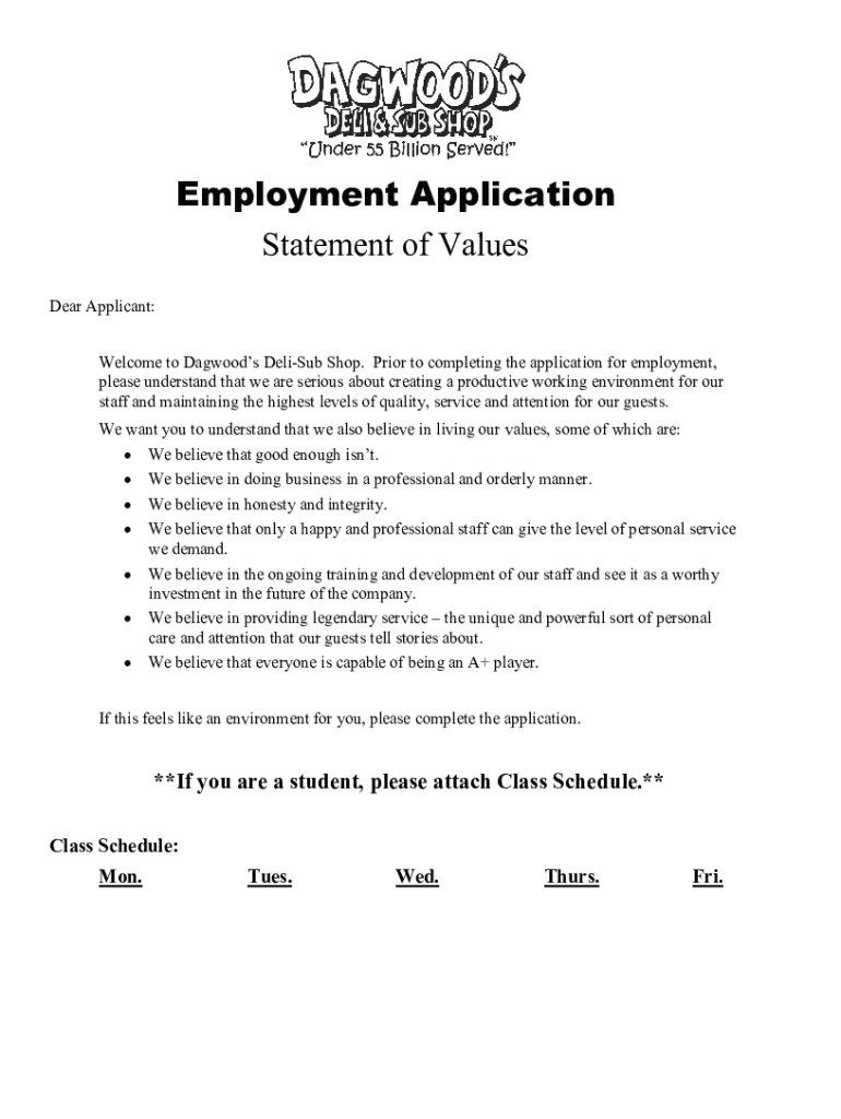Fillable Online Employment Application Statement of Values Fax Email ...