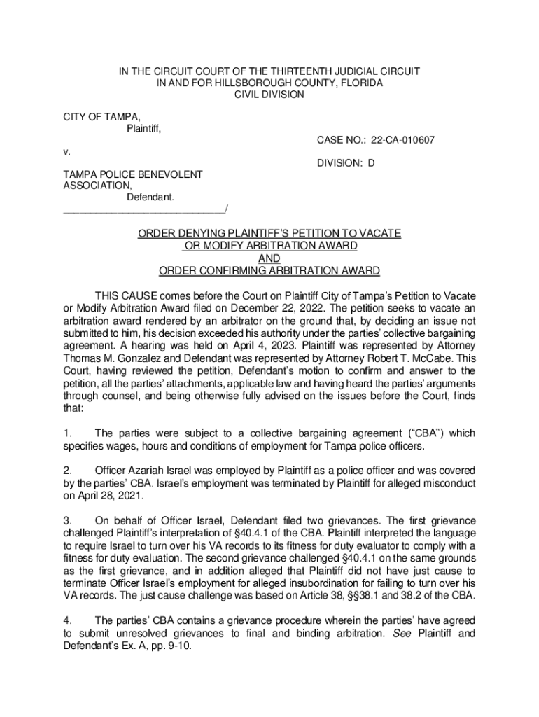 Fillable Online ORDER DENYING PLAINTIFF'S PETITION TO VACATE ... Fax Email Print - pdfFiller