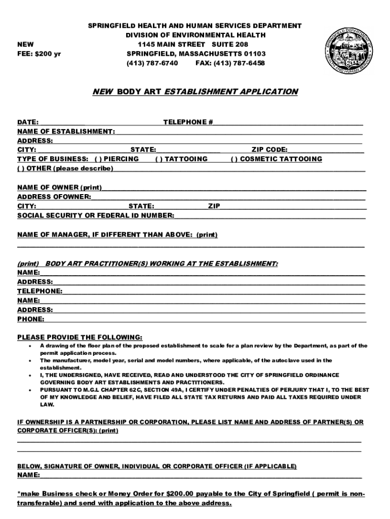 Fillable Online www3 springfield-ma Body Art Establishment Application ...