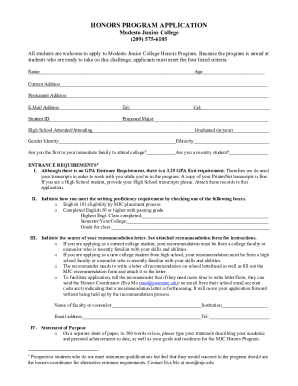 Fillable Online HONORS PROGRAM APPLICATION Fax Email Print - pdfFiller