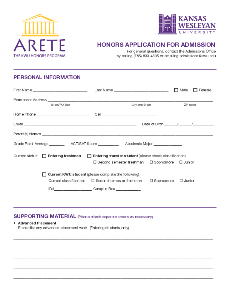 Fillable Online HONORS APPLICATION FOR ADMISSION Fax Email Print - pdfFiller