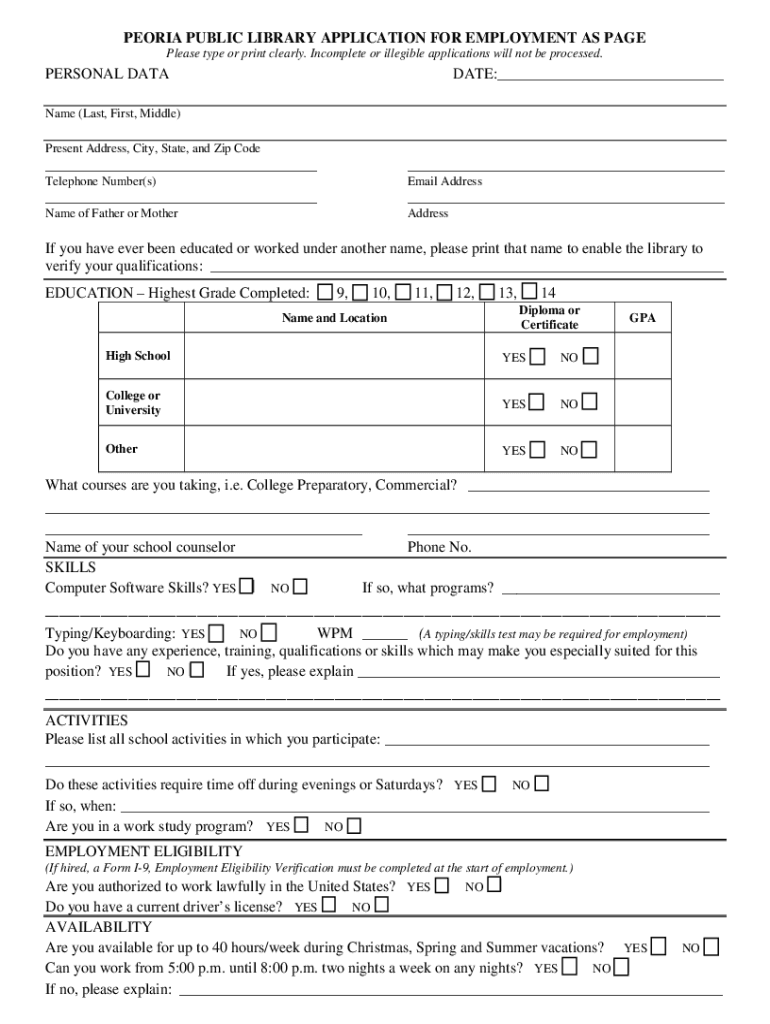 Fillable Online Peoria Public Library Application for Employment as ...