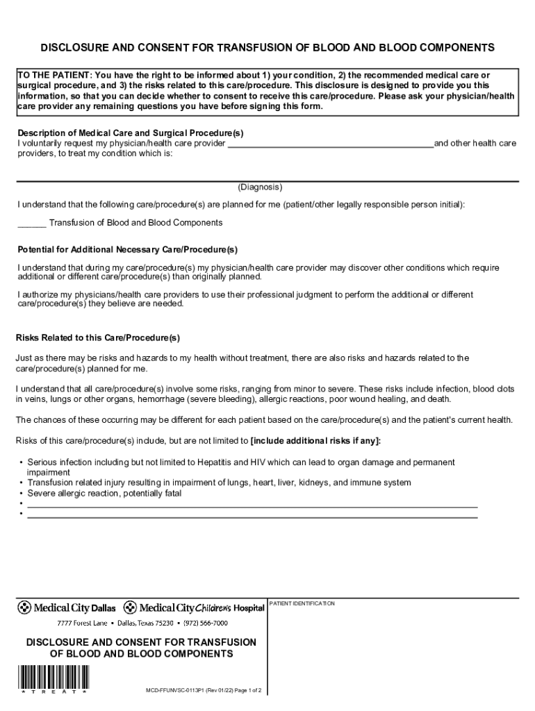 Fillable Online Disclosure And Consent For Transfusion Of Blood And ...