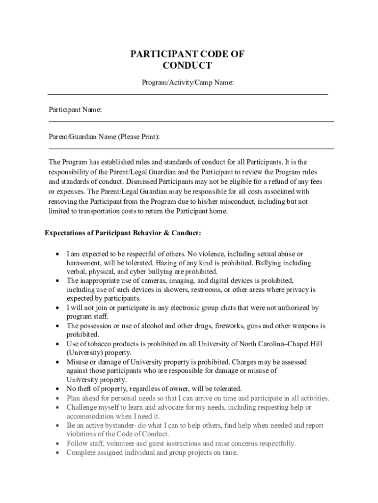 Fillable Online Programs and Activities Serving Minors Participant Code ...