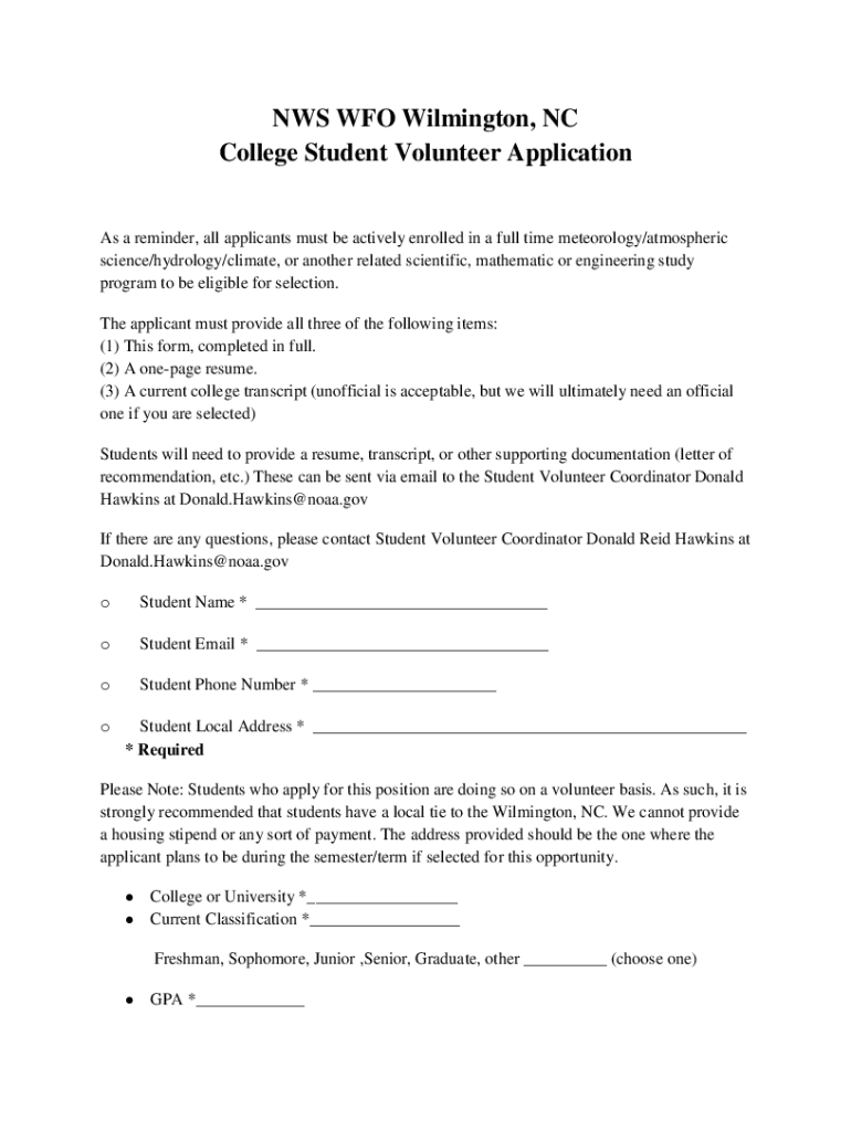 Fillable Online Summer College Student Volunteer Program Fax Email ...
