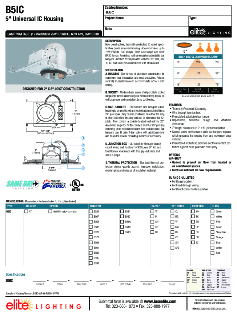 Fillable Online Elite Lighting B5IC-AT-W Air-Shut Universal Housing ...
