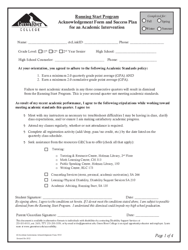 Fillable Online Running Start Program Acknowledgement Form and ... Fax ...