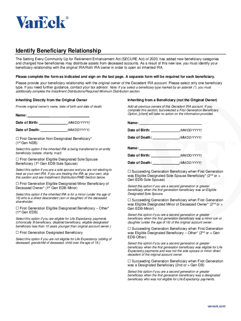 Fillable Online VanEck Identify Beneficiary Relationship. VanEck ...