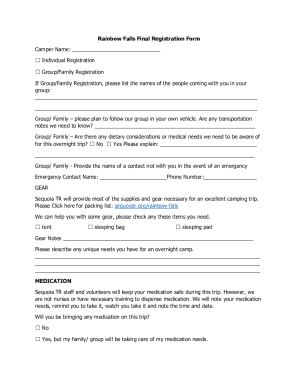 Fillable Online Rainbow Falls Final Registration Form Camper Name Fax ...