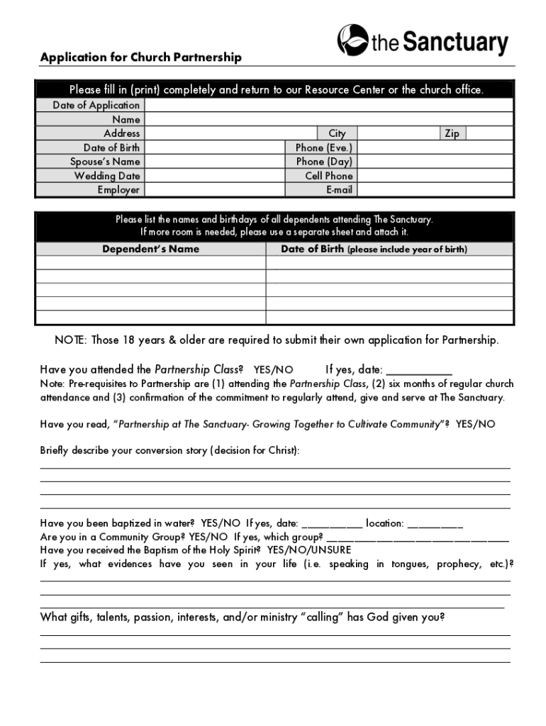 Fillable Online Application for Church Partnership Fax Email Print ...