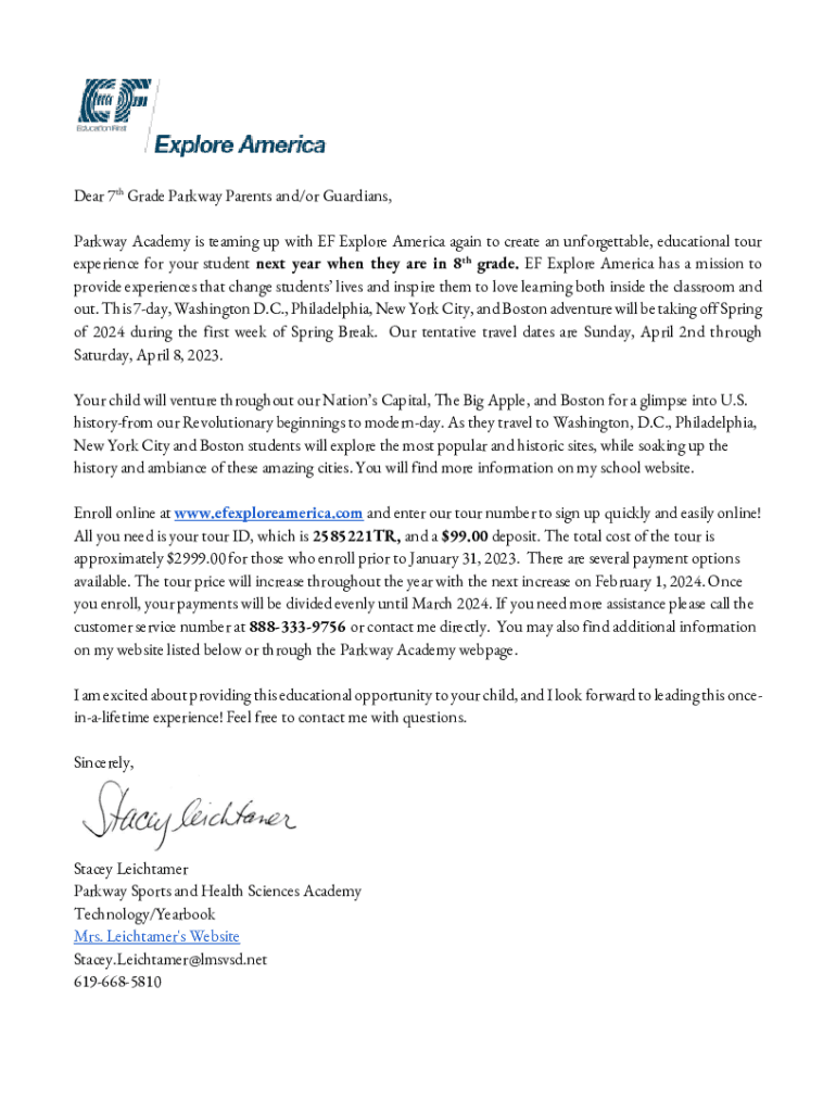 Fillable Online EF Explore America: Student Trips and Educational Tours ...