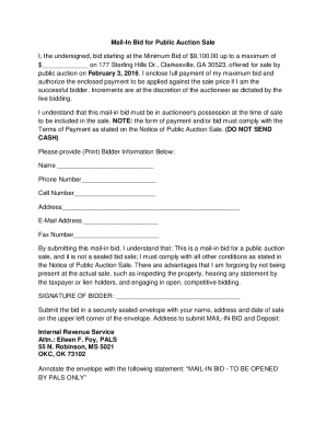 Fillable Online I, the undersigned, bid starting at the Minimum Bid of ...