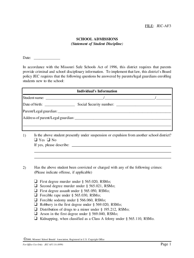 Fillable Online FILE: JEC-AF3 Page 1 SCHOOL ADMISSIONS (Statement ...