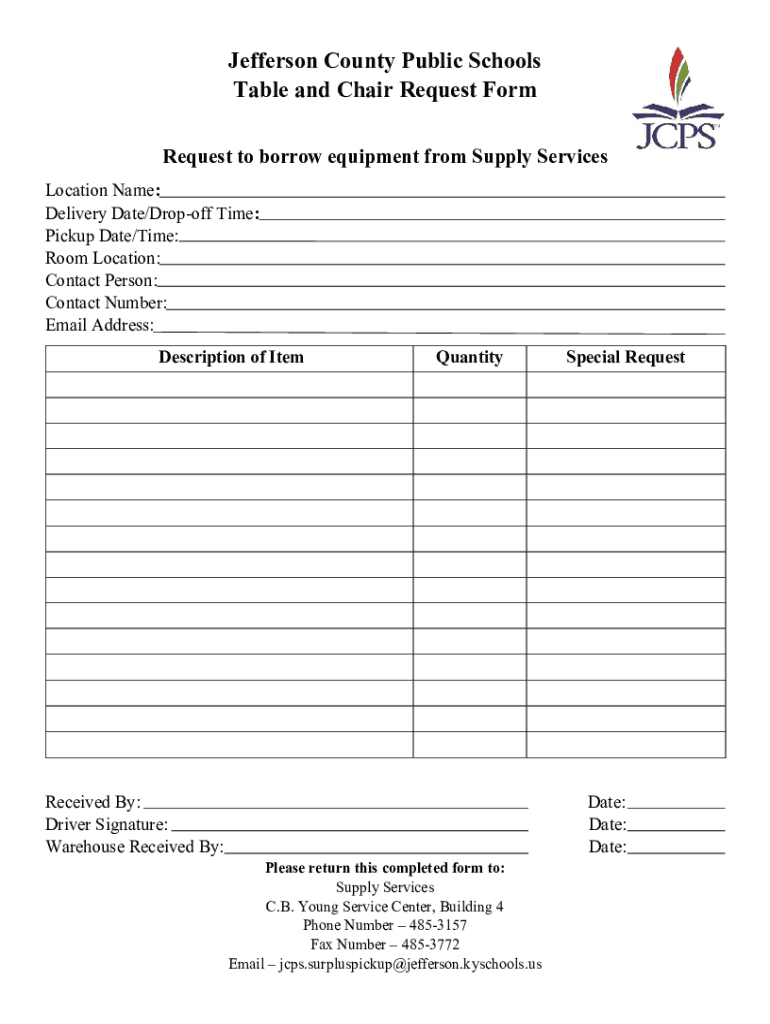Fillable Online Jefferson County Public Schools Table and Chair Request Form Fax Email Print ...