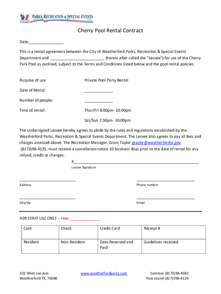 Fillable Online Cherry Pool Rental Contract Weatherford, TX Fax Email ...