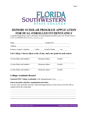 Fillable Online HONORS SCHOLAR PROGRAM APPLICATION FOR ... Fax Email ...